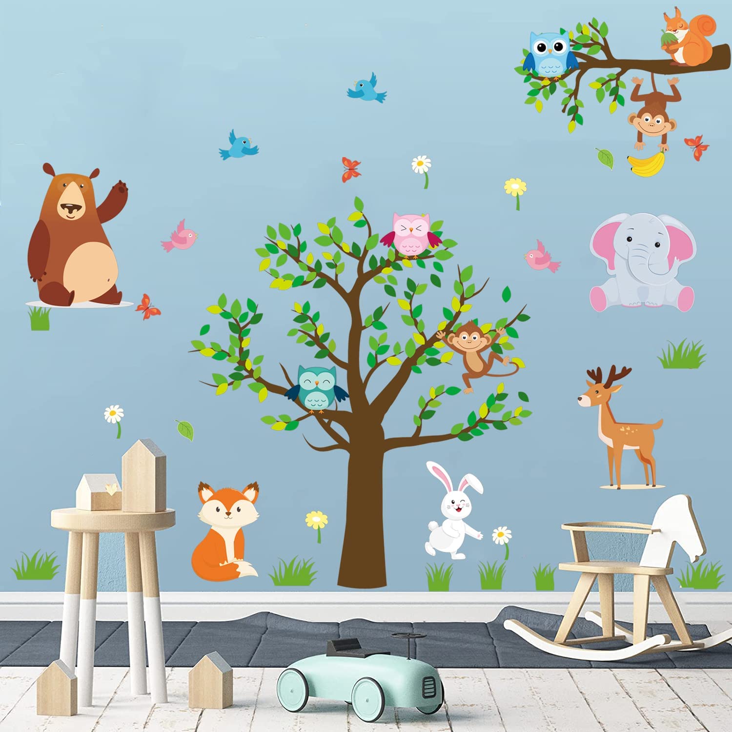 Supzone Jungle Animal Wall Stickers Forest Animal Tree Wall Sticker Owls Wall Decals for Kids Baby Nursery Playroom Bedroom Classroom Kindergarten Wall Decor