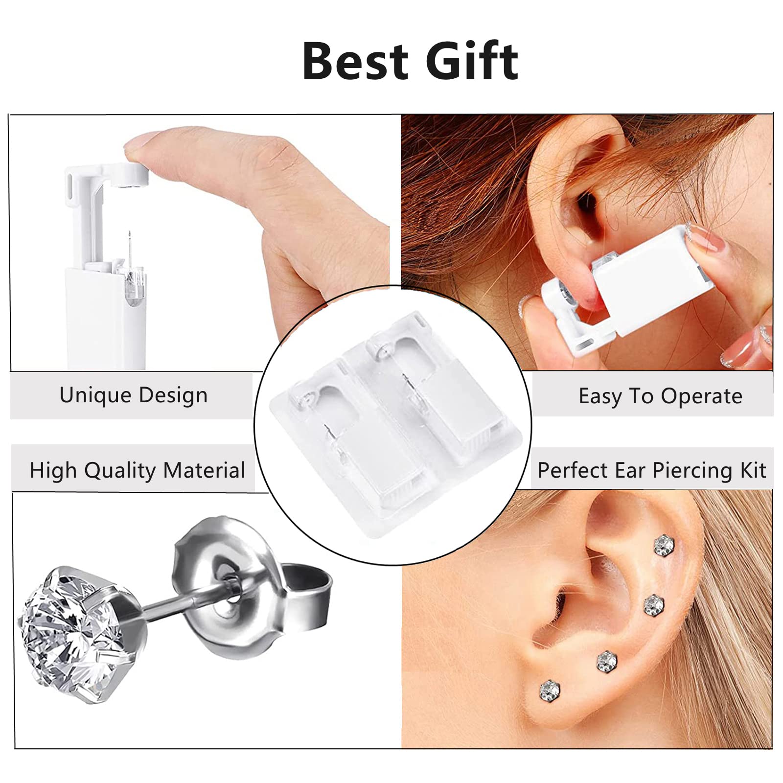 HYJLPAF Safety Ear Piercing Kit – 4 Pack Disposable Self Ear Piercing Gun with 5mm Silver Earring Studs