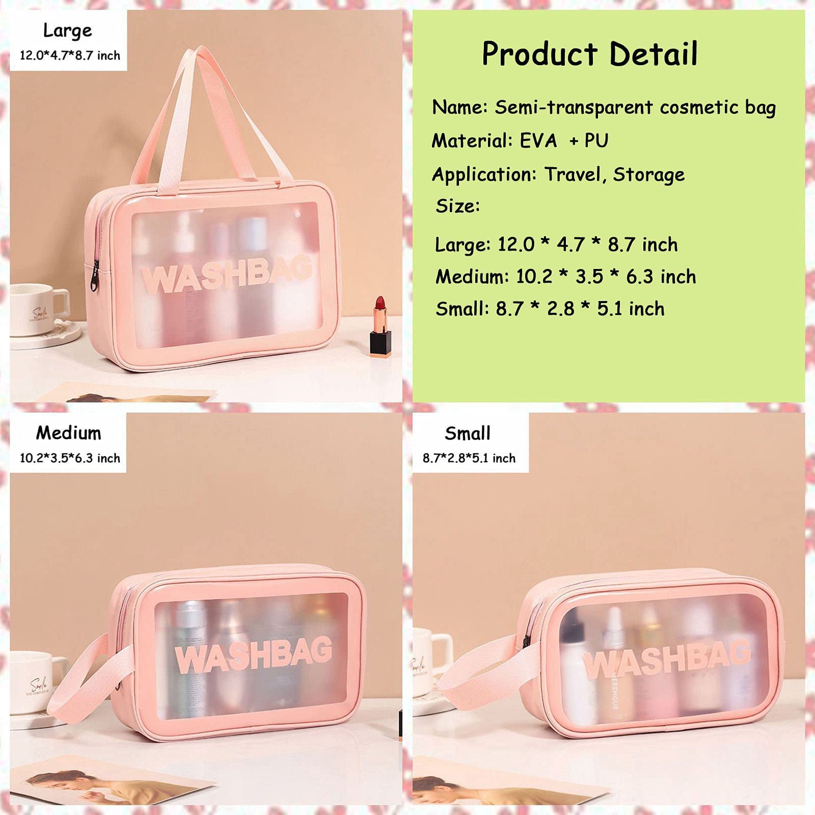 Happy L Clear Travel Bags for Toiletries, 3Pcs Portable PVC Waterproof Cosmetic Bags, Transparent Travel Storage Carry Pouch, Toiletry Bags and Cosmetics Organizer for Women Men (Pink)