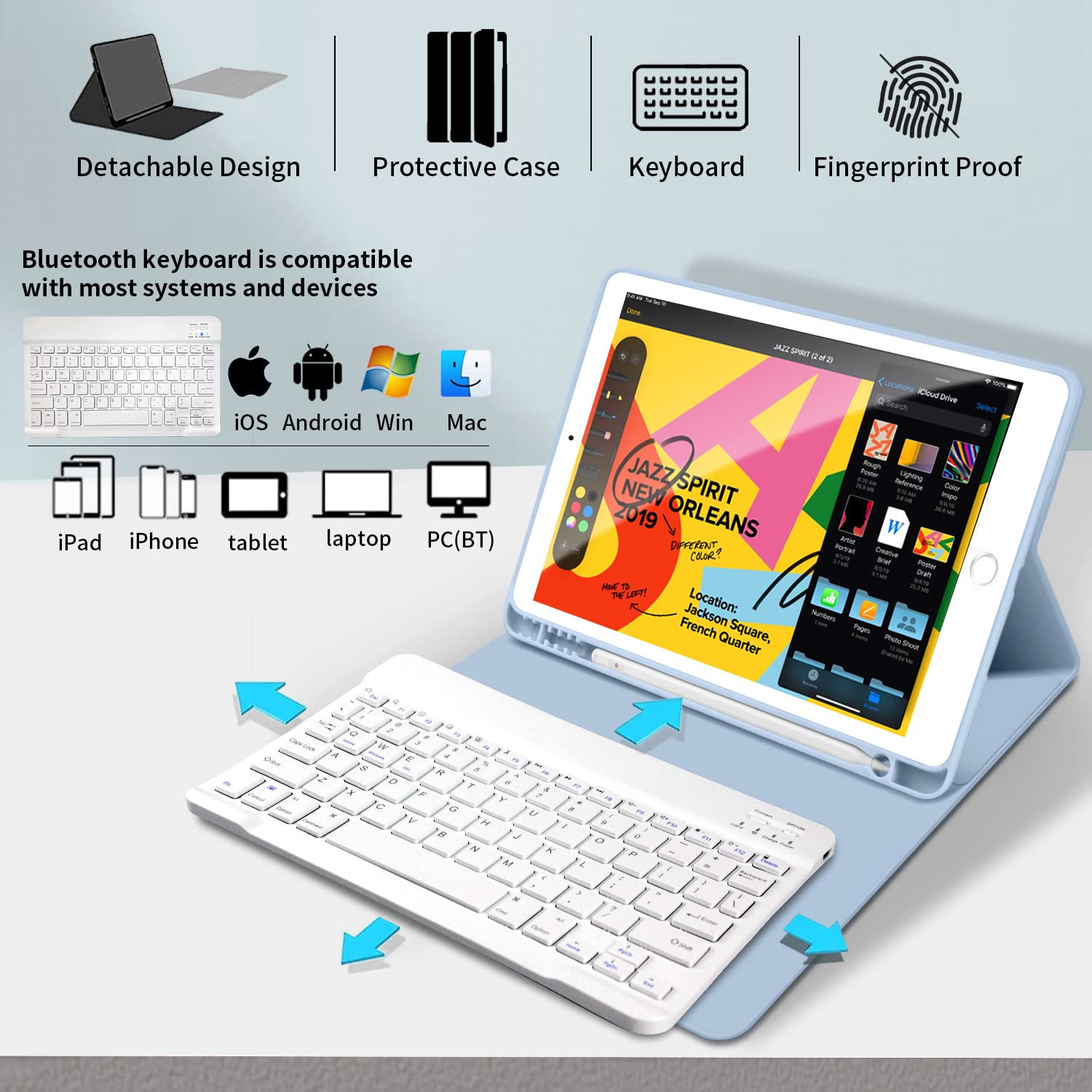 JKSML 10.2 inch Keyboard Case for iPad 9th/8th/7th Generation, 2021/2020/2019 Gen Case with Pencil Holder, Stand Folio Detachable Bluetooth Keyboard TPU Case for iPad 10.2'' 9th/8th/7th, White ice