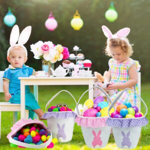 2 Pack Easter Eggs Hunt Basket for Kids Easter Bunny Canvas Baskets Ruffle Easter Basket Rabbit Fluffy Tails Bucket Tote Eggs Candy and Gifts Carry Bucket, Easter Party Supplies (Purple & Pink)