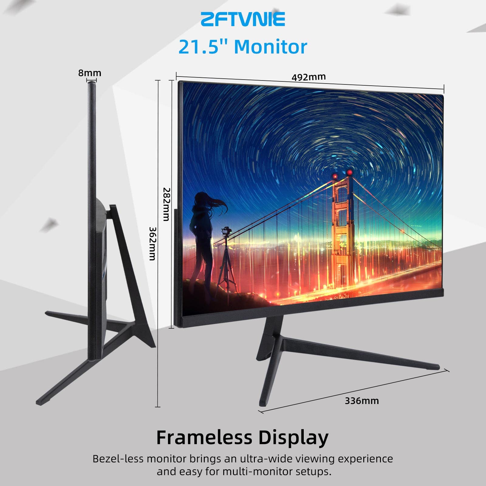 ZFTVNIE PC Monitor, 21.5-Inch Full HD Monitor 1920 x 1080P IPS Computer Screen, Frameless, 75Hz, 5ms, VGA & HDMI Ports, Monitor for Laptop/Xbox/PS3/PS4