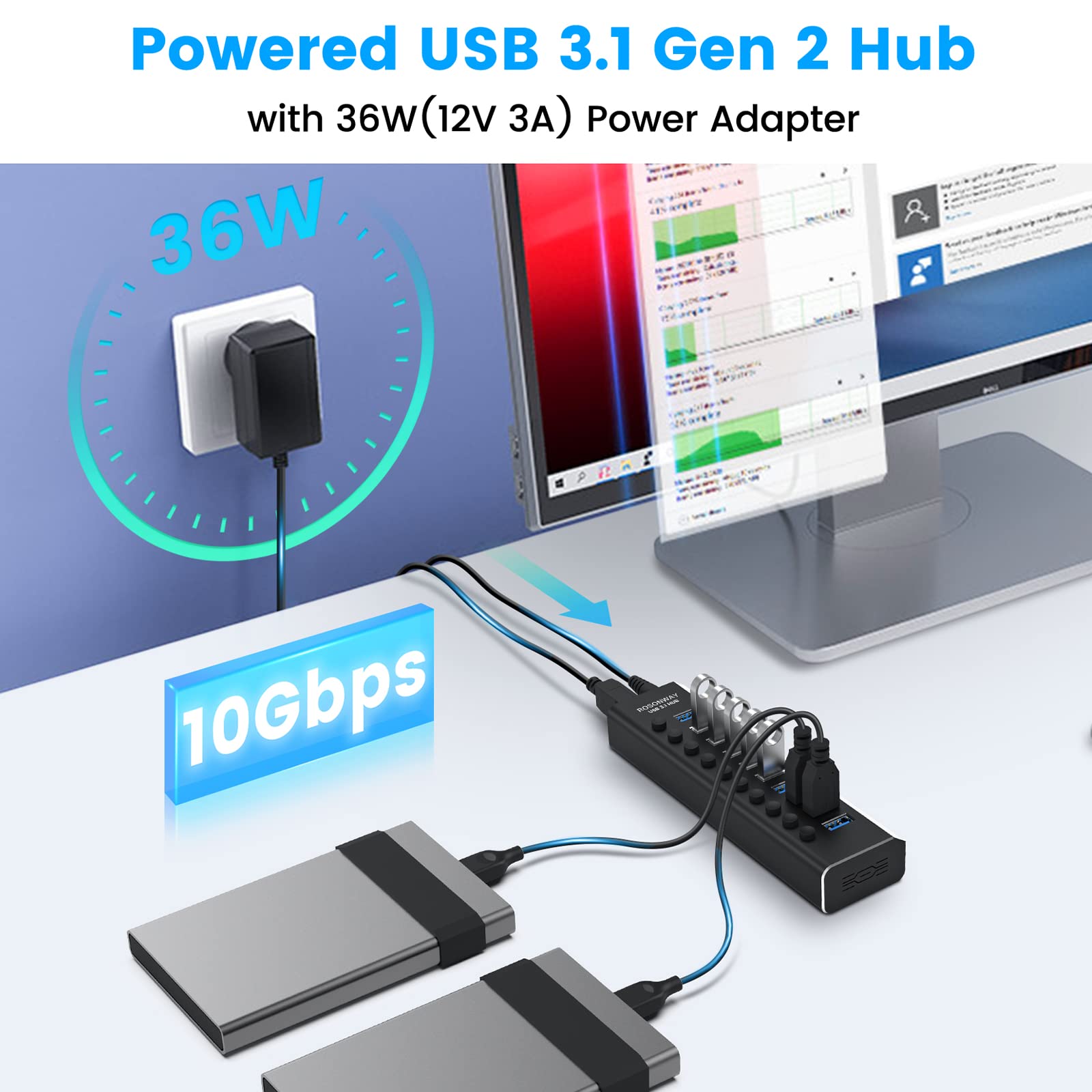 Powered USB Hub, Rosonway 10 Port USB 3.1/3.2 Gen 2 Hub 10Gbps with 36W (12V/3A) Power Adapter, Type A and Type C Cables, Aluminum USB C Hub Splitter for PC and Laptop (RSH-A10S)