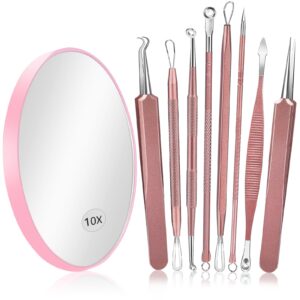 blackhead remover tools, ikoco 10pcs stainless steel pimple popper tool kit including a 10x blackhead mirror, 8pcs comedone extractors and a leather bag, rose gold