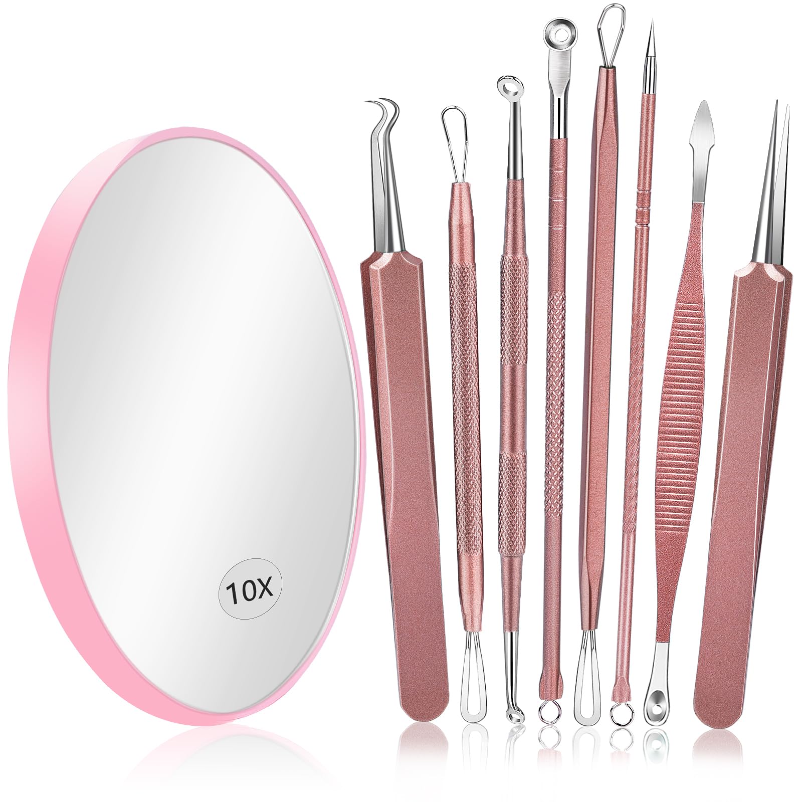 Blackhead Remover Tools, IKOCO 10PCS Stainless Steel Pimple Popper Tool Kit Including a 10X Blackhead Mirror, 8pcs Comedone Extractors and a Leather Bag, Rose Gold