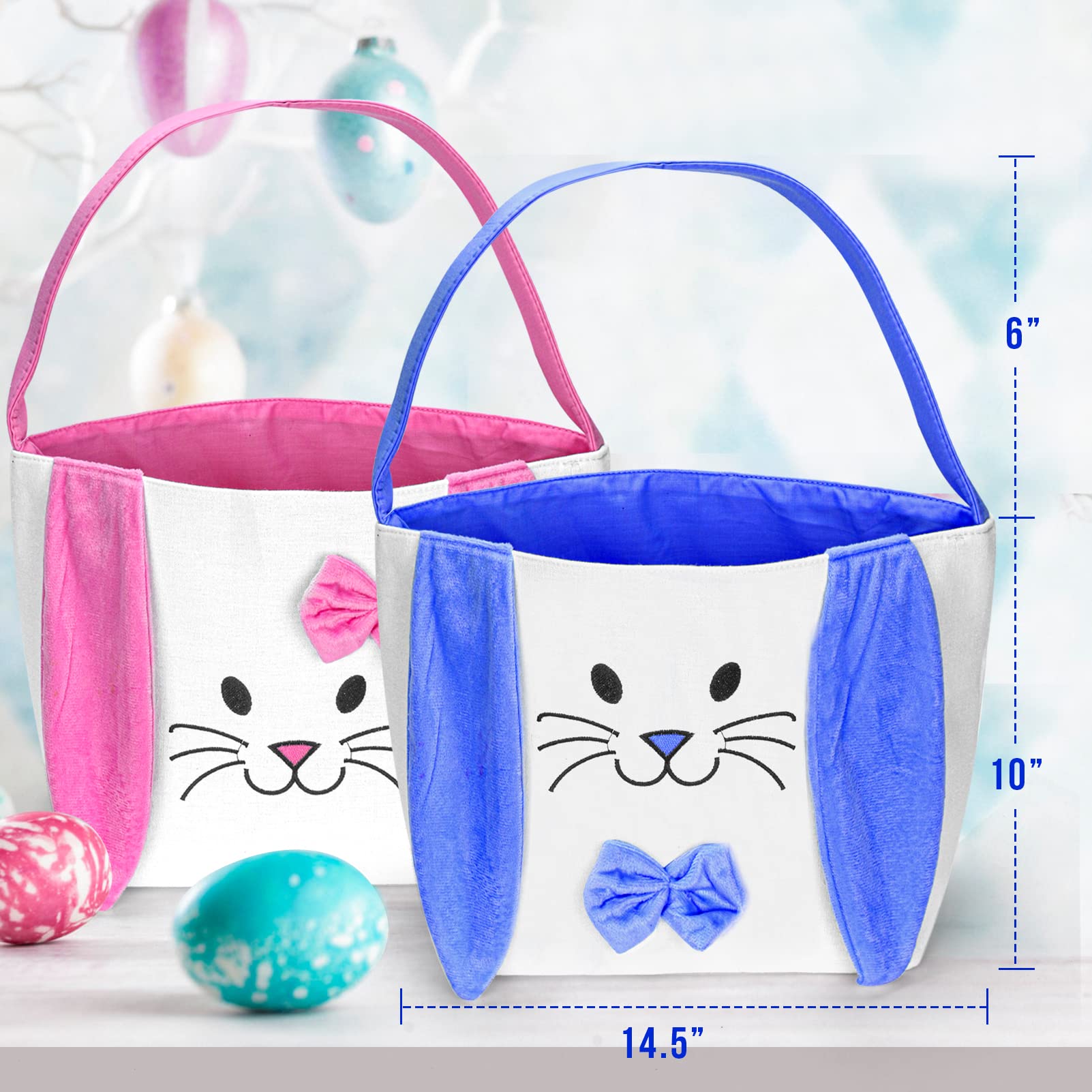 Atonofun 2 Packs Easter Basket Set, Easter Bunny Basket Gift Baskets Bags for Kids, Canvas Tote Bags Bunny Easter Bucket for Easter Eggs Hunt, Kids Easter Party Favor (Blue, Pink)