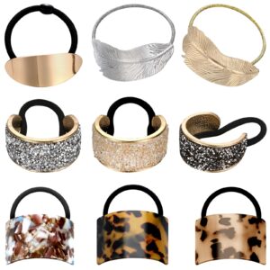 9 pack ponytail hair cuff metal rhinestone ponytail holder elastic glitter decorative hair tie gold hair ties wrap cuff tortoise shell ponytail ring holder christmas gift for women(charming style)