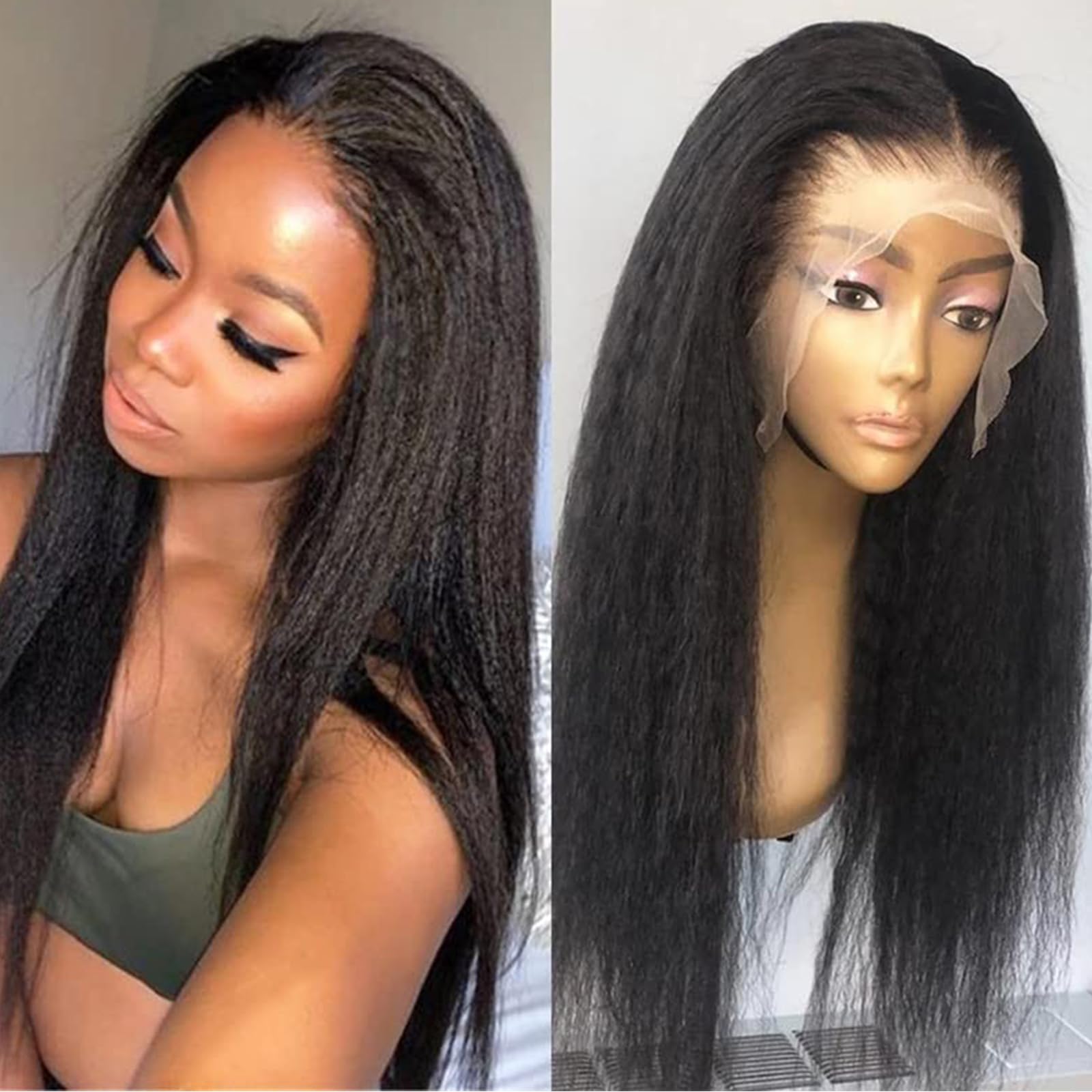 Alidiamond Kinky Straight Human hair Wig 13X4 Kinky Straight Wig Human Hair PrePlucked with Baby Hair 180% Density Yaki Straight Human Hair Wig 18 Inch Brazilian Remy Hair for Women