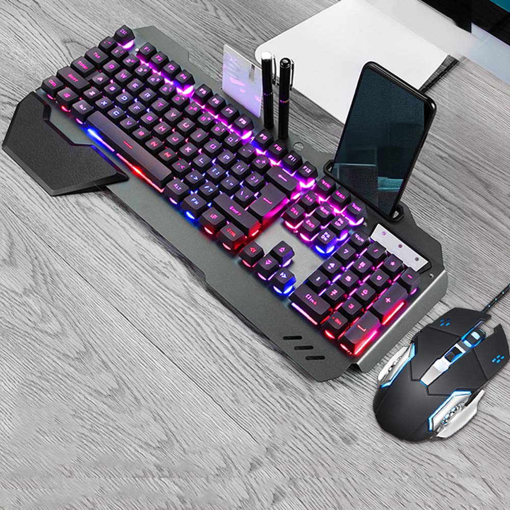 Acogedor Wired Gaming Keyboard and Mouse Combo, RGB Backlit Keyboard with Magnetic Wrist Rest and Phone Holder, 6 Keys 3200DPI Adjustable Mice, for PC Gamer