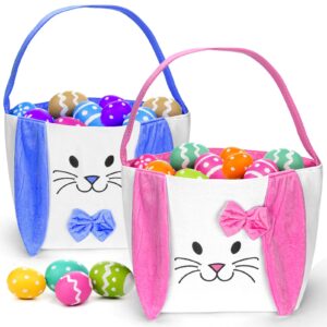 atonofun 2 packs easter basket set, easter bunny basket gift baskets bags for kids, canvas tote bags bunny easter bucket for easter eggs hunt, kids easter party favor (blue, pink)