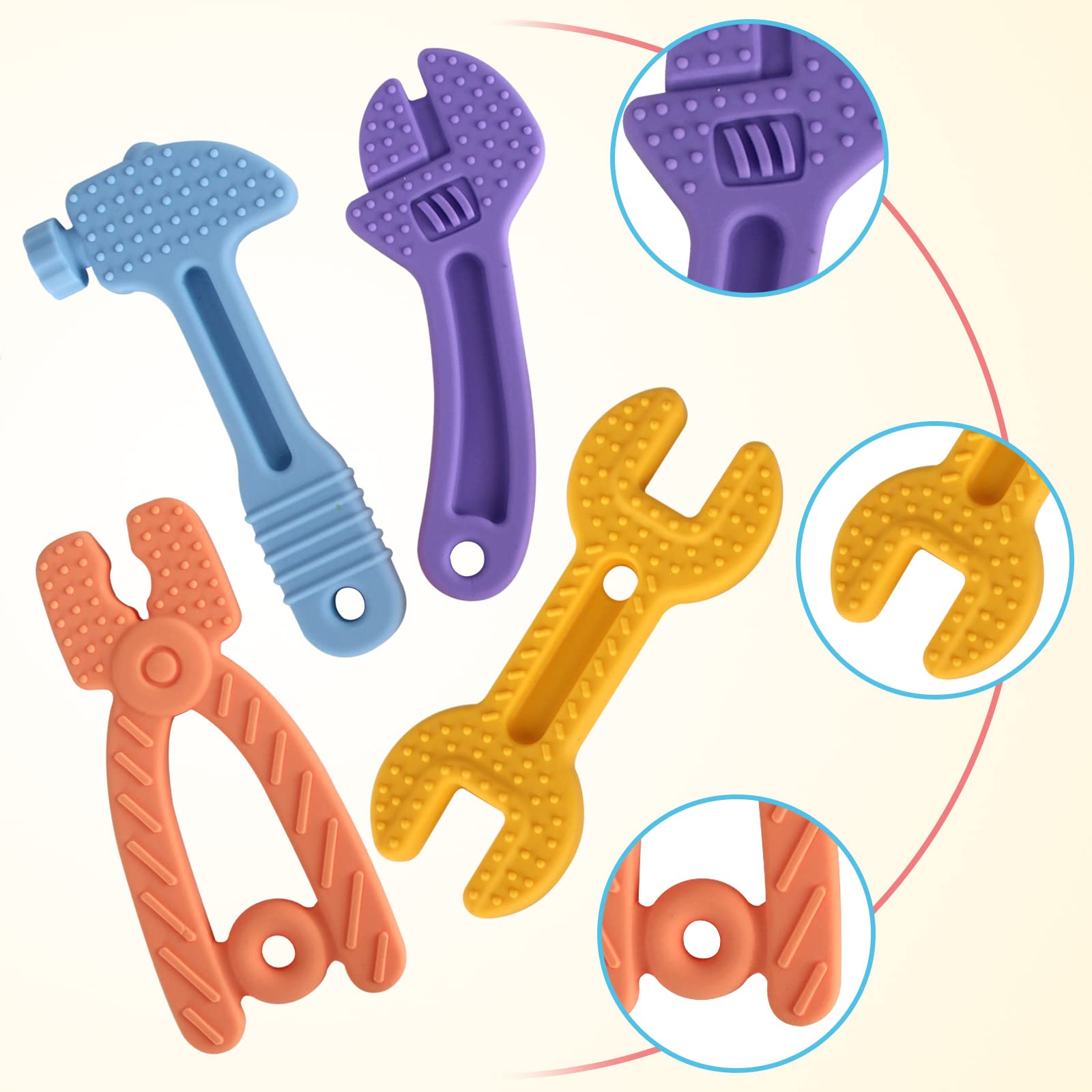 Fu Store 4 Pack Soft Silicone Teething Toys for 0-12 Months 6-24 Months Toddlers Infant Hammer Spanner Wrench Pliers Tools Shape Baby Teethers Relief Soothe Babies Gums Set