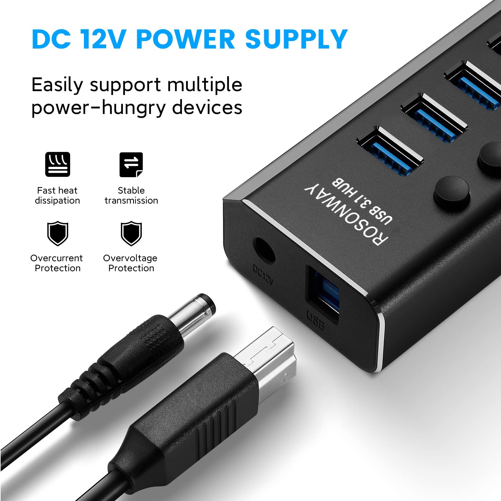 Powered USB Hub, Rosonway 10 Port USB 3.1/3.2 Gen 2 Hub 10Gbps with 36W (12V/3A) Power Adapter, Type A and Type C Cables, Aluminum USB C Hub Splitter for PC and Laptop (RSH-A10S)