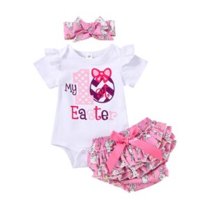 lamuusaa newborn baby girls easter outfits my first easter romper bodysuit ruffle bunny shorts headband 3pcs easter clothes (white+pink, 0-3 months)