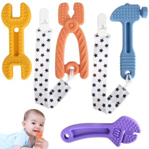 fu store 4 pack soft silicone teething toys for 0-12 months 6-24 months toddlers infant hammer spanner wrench pliers tools shape baby teethers relief soothe babies gums set