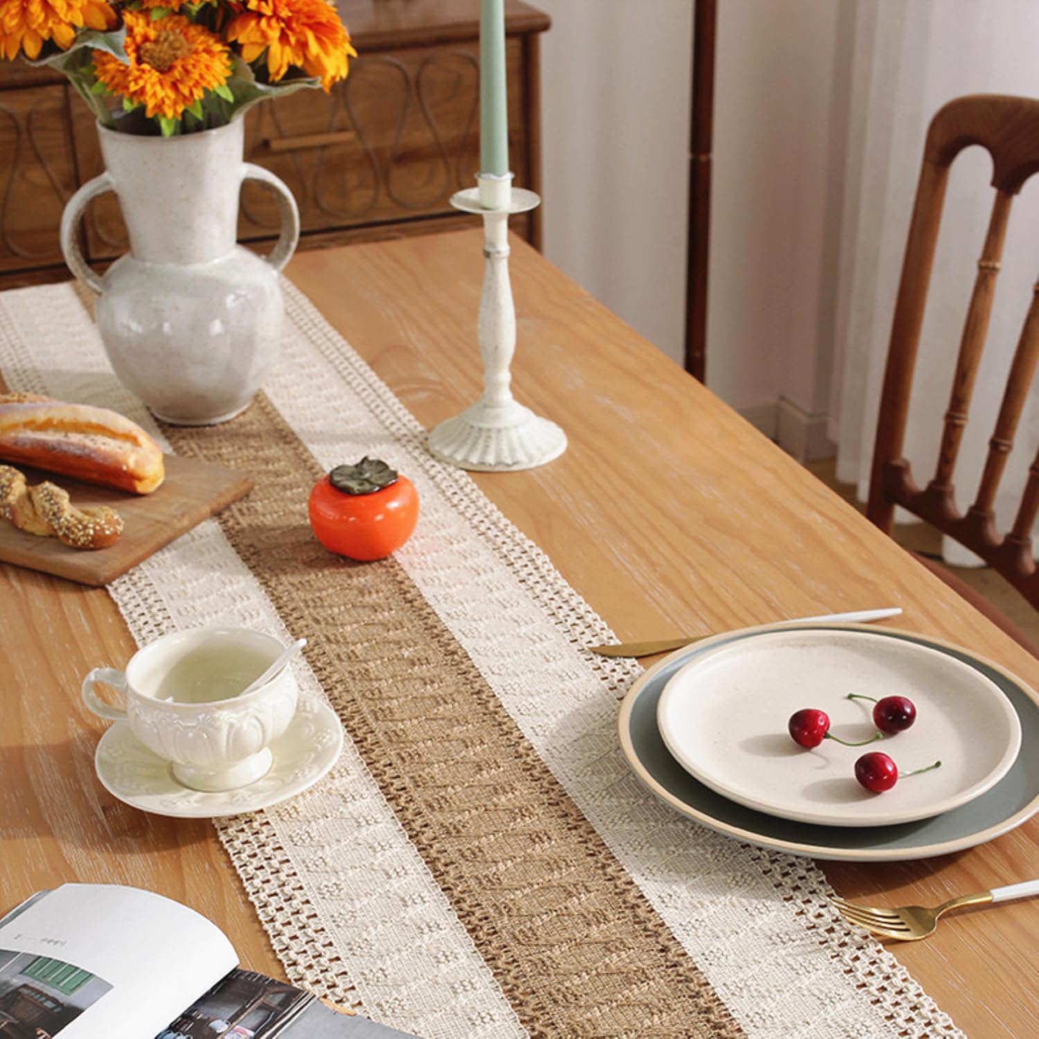 Boho Table Runner, 72 Inch Macrame Boho Fall Decor Table Runner, Natural Farmhouse Burlap Table Runners for Home Thanksgiving Fall Table Decorations