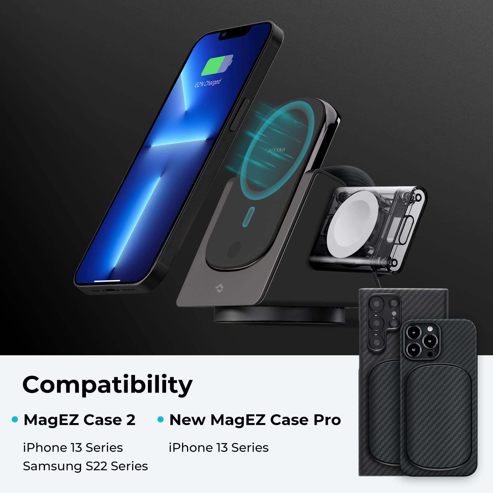 PITAKA 3 in 1 Charging Station, Apple Charging Station for iPhone 16/15/14/13/12, Air Pods Pro/3/2, and Apple Watch with Portable Magsafe Battery Pack [MagEZ Slider 2]