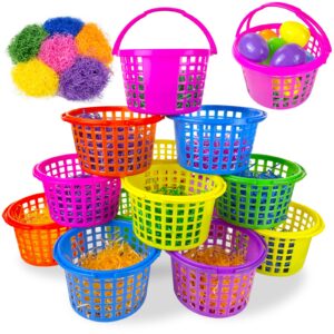 12 pcs easter baskets empty for kids, plastic bulk baskets for easter eggs hunts, easter bucket bags for kids classroom collecting easter eggs party favor, easter baskets stuffers filled for toddler