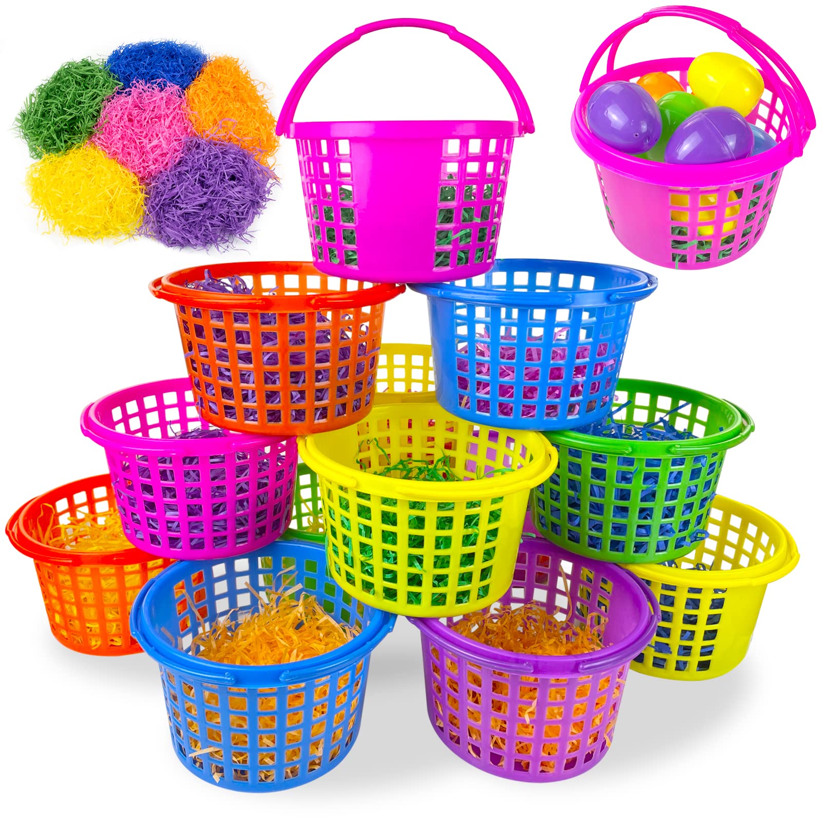 12 PCS Easter Baskets Empty for Kids, Plastic Bulk Baskets for Easter Eggs Hunts, Easter Bucket Bags for Kids Classroom Collecting Easter Eggs Party Favor, Easter Baskets Stuffers Filled for Toddler