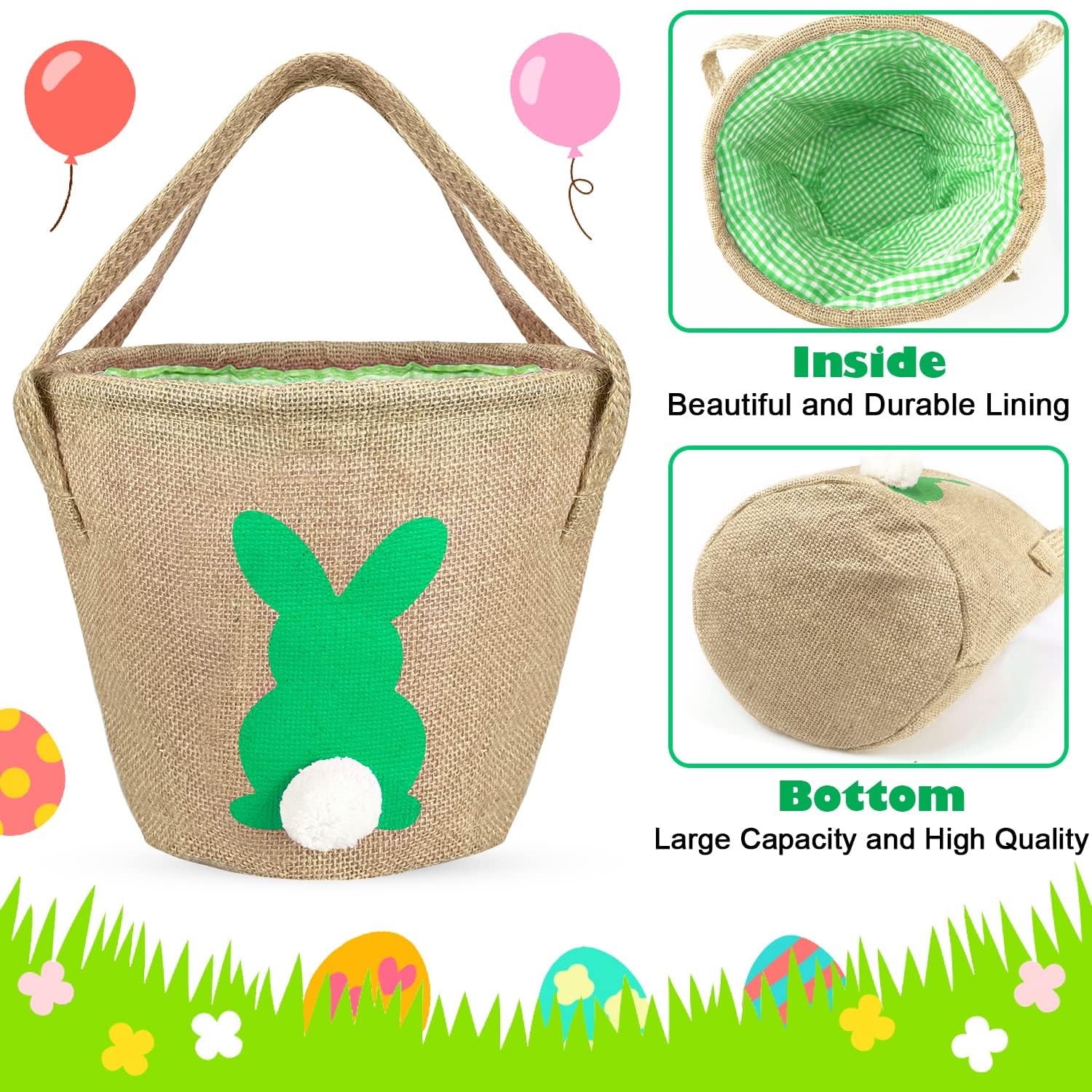 Leesgel Easter Baskets for Kids, Bunny Basket Easter Egg Hunt Baskets, Rabbit Buckets Large Easter Basket Gifts Bags for Boys Girls （Green)