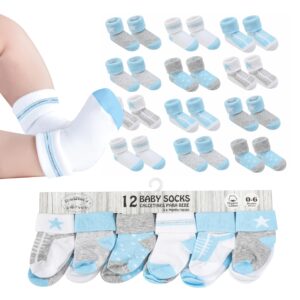 organic baby socks 0-6 months - 12 pairs, cotton infant socks, unisex, soft & hypoallergenic newborn socks, (us, age, 0 months, 6 months, 12, blue - gray - white)