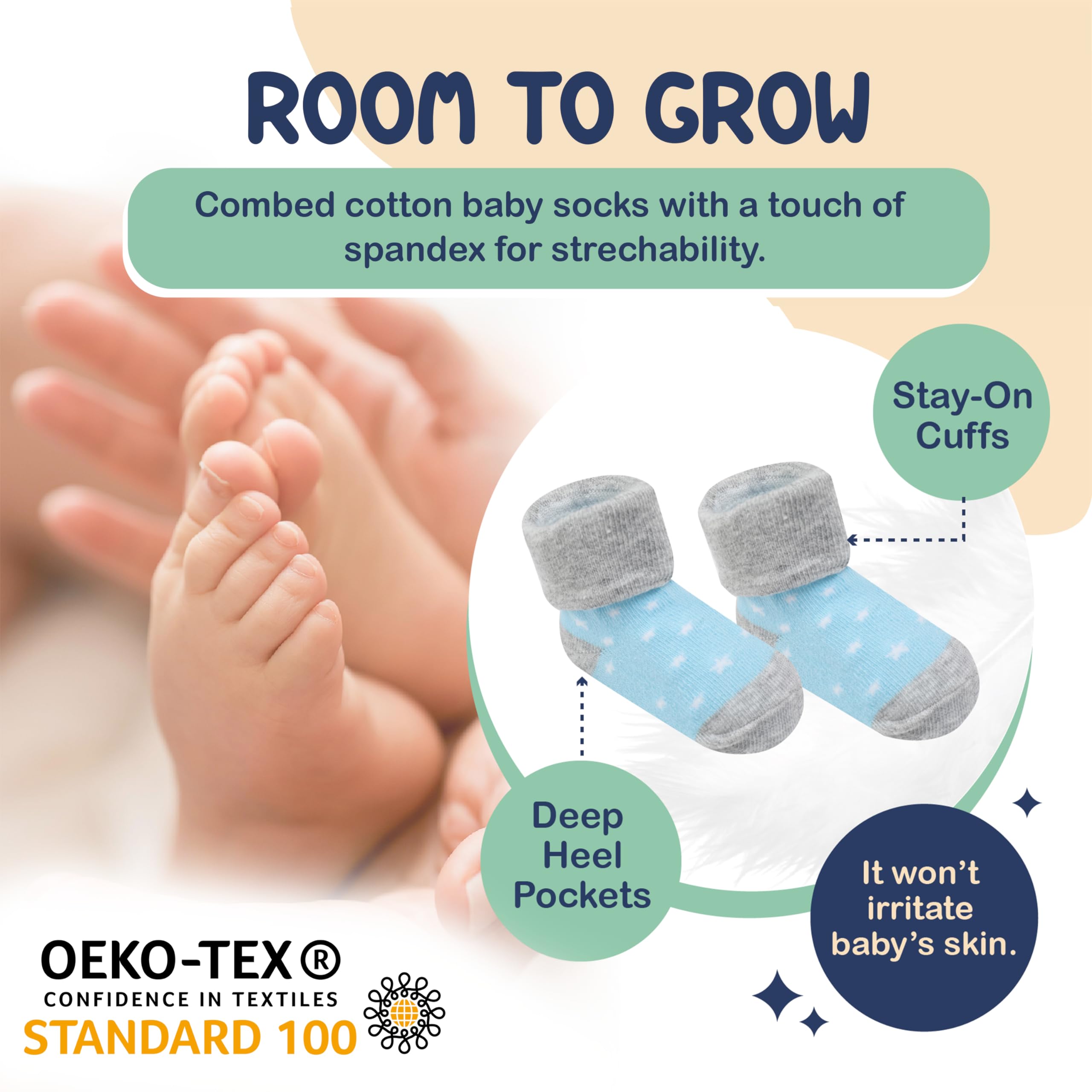 Organic Baby Socks 0-6 Months - 12 Pairs, Cotton Infant Socks, Unisex, Soft & Hypoallergenic Newborn Socks, (US, Age, 0 Months, 6 Months, 12, Blue - Gray - White)