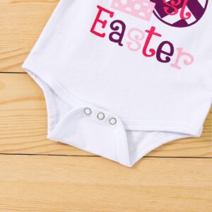 Lamuusaa Newborn Baby Girls Easter Outfits My First Easter Romper Bodysuit Ruffle Bunny Shorts Headband 3Pcs Easter Clothes (White+Pink, 0-3 Months)