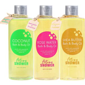 autumn shower bath and body oil oil with sweet almond oil jojoba oil, shea butter & rose water & coconut bath oils mother's day gift for women, multiuse oil for hair & dry skin 26.4 fl oz (pack of 3)