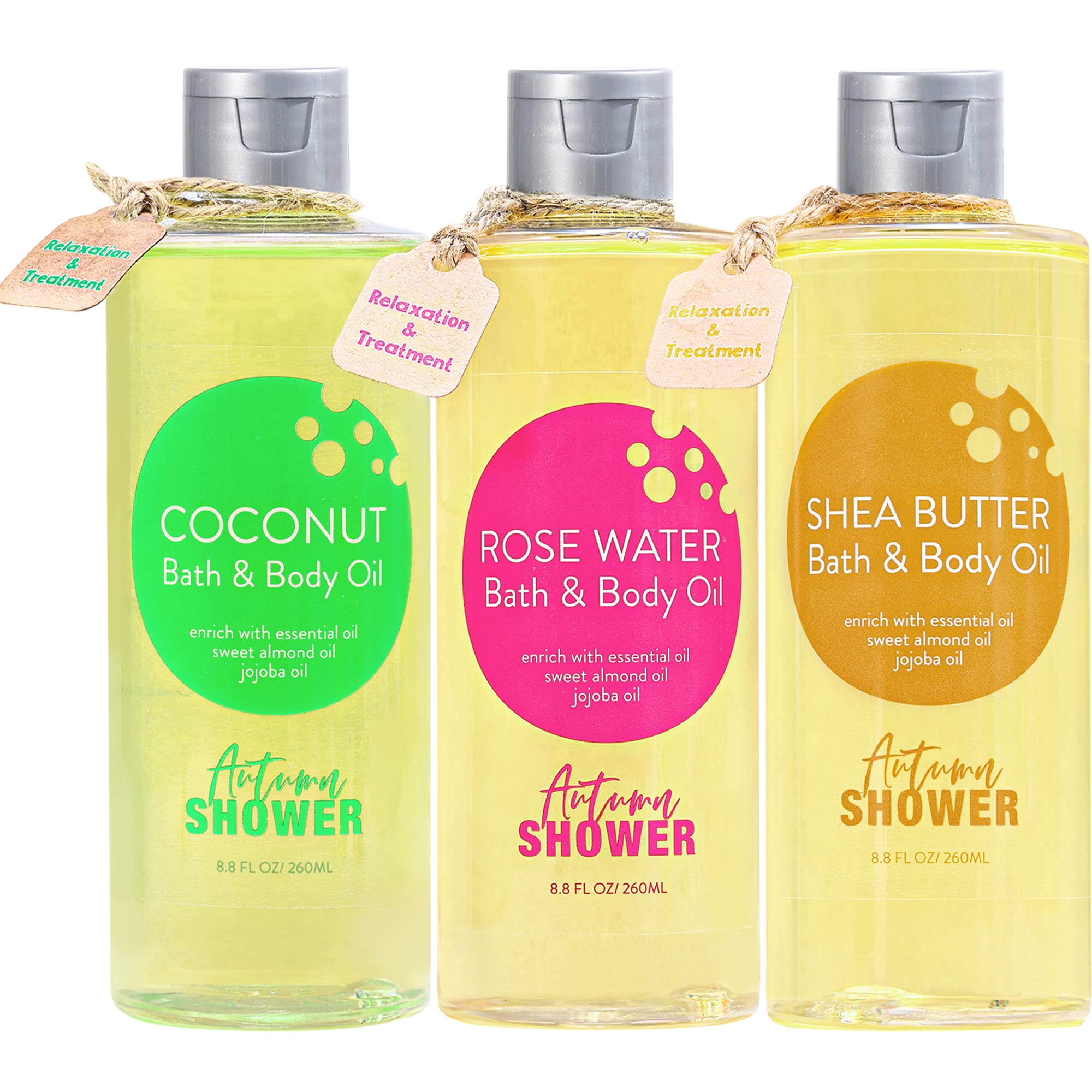 Autumn Shower Bath and Body Oil Oil with Sweet Almond Oil Jojoba Oil, Shea Butter & Rose Water & Coconut Bath Oils Mother's Day Gift for Women, Multiuse Oil for Hair & Dry Skin 26.4 fl oz (Pack of 3)