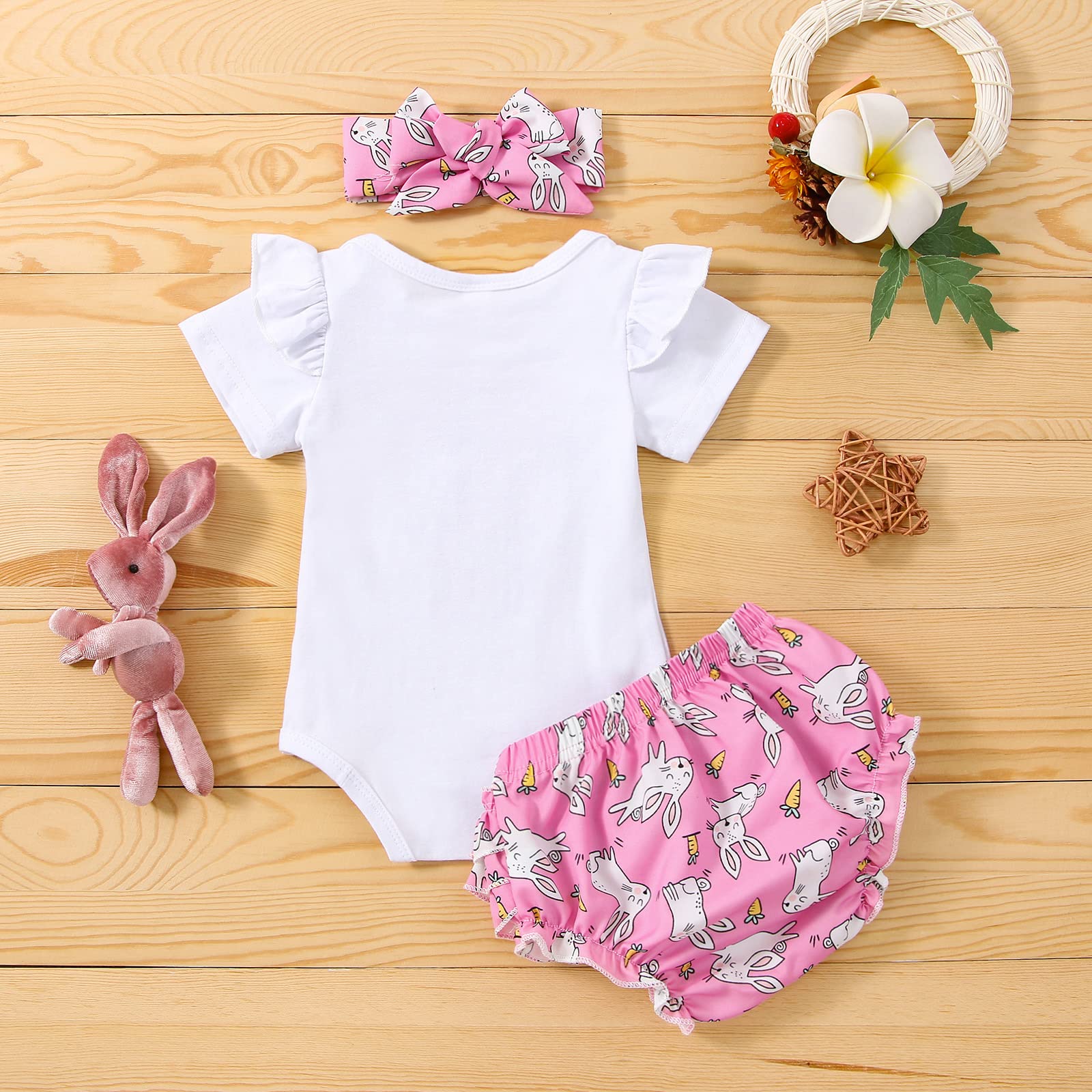 Lamuusaa Newborn Baby Girls Easter Outfits My First Easter Romper Bodysuit Ruffle Bunny Shorts Headband 3Pcs Easter Clothes (White+Pink, 0-3 Months)