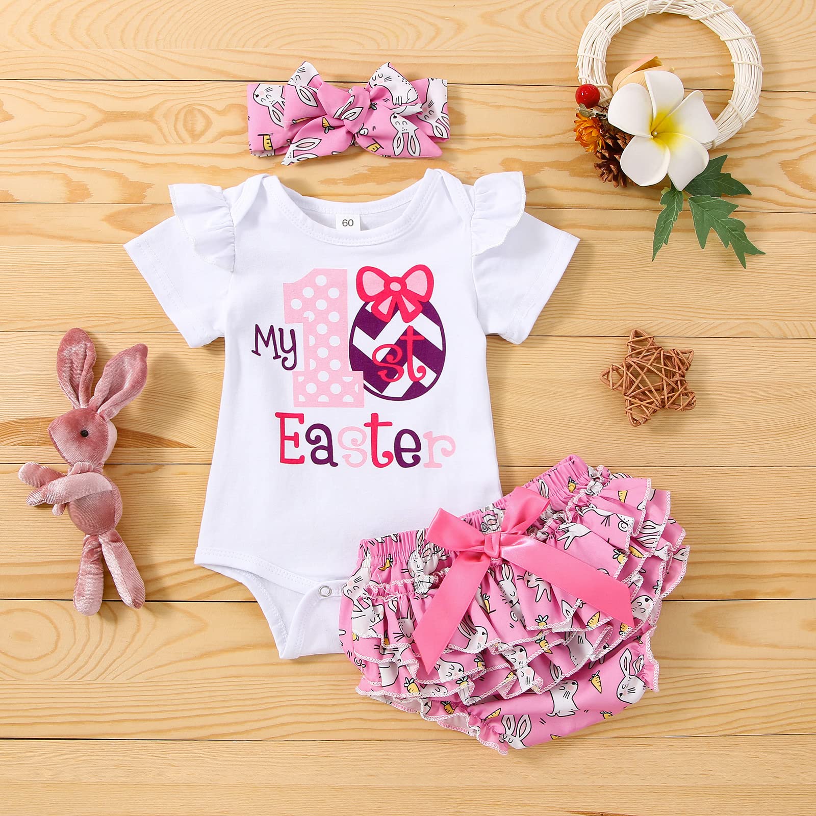 Lamuusaa Newborn Baby Girls Easter Outfits My First Easter Romper Bodysuit Ruffle Bunny Shorts Headband 3Pcs Easter Clothes (White+Pink, 0-3 Months)