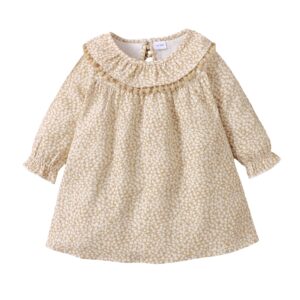 opawo toddler baby girl long sleeve dress flutter ruffle pom pom neck corduroy fall winter dresses for 1-4 years(beige,2-3 years)