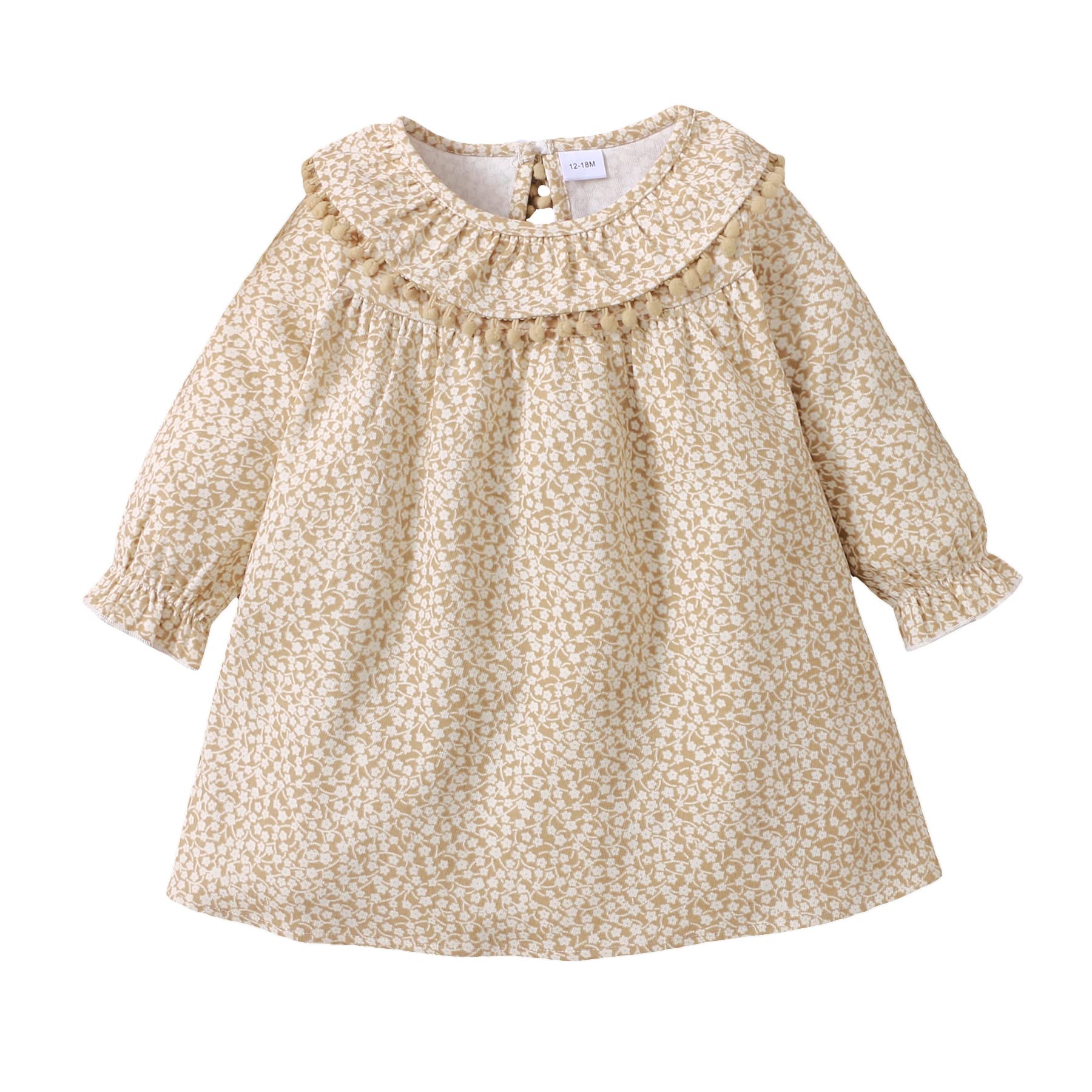 OPAWO Toddler Baby Girl Long Sleeve Dress Flutter Ruffle Pom Pom Neck Corduroy Fall Winter Dresses for 1-4 Years(Beige,2-3 Years)