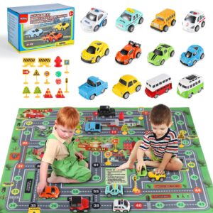 mathea car toys for 1-year-old boy (with carpet) pull back vehicle car set metal die-cast friction powered cars birthday gift for 1 2 3 year-old boys girls