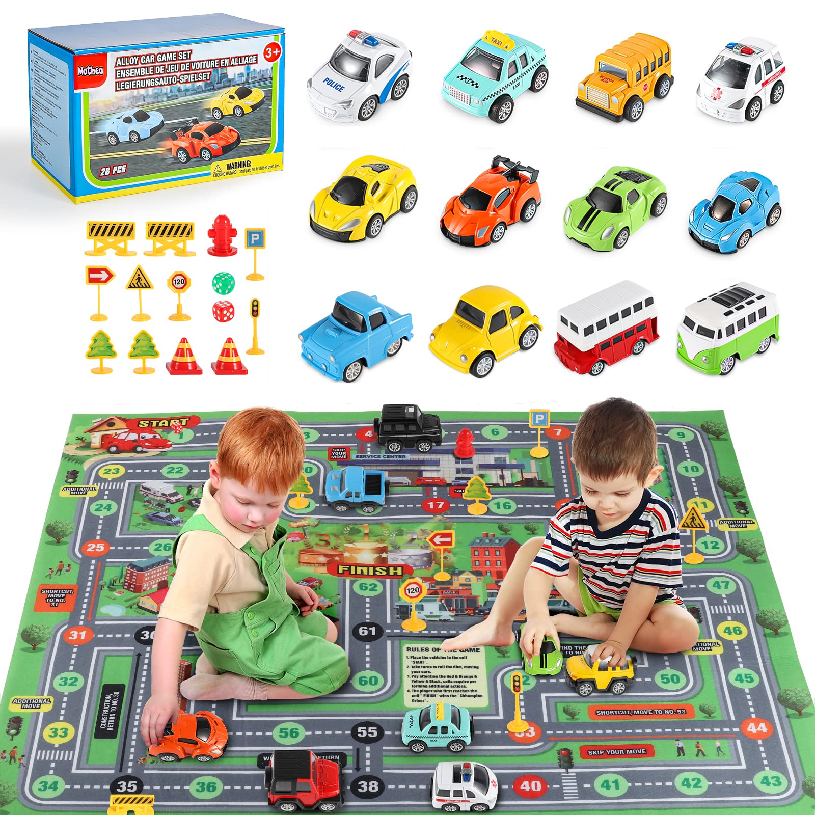 Mathea Car Toys for 1-Year-Old Boy (with Carpet) Pull Back Vehicle Car Set Metal Die-cast Friction Powered Cars Birthday Gift for 1 2 3 Year-Old Boys Girls