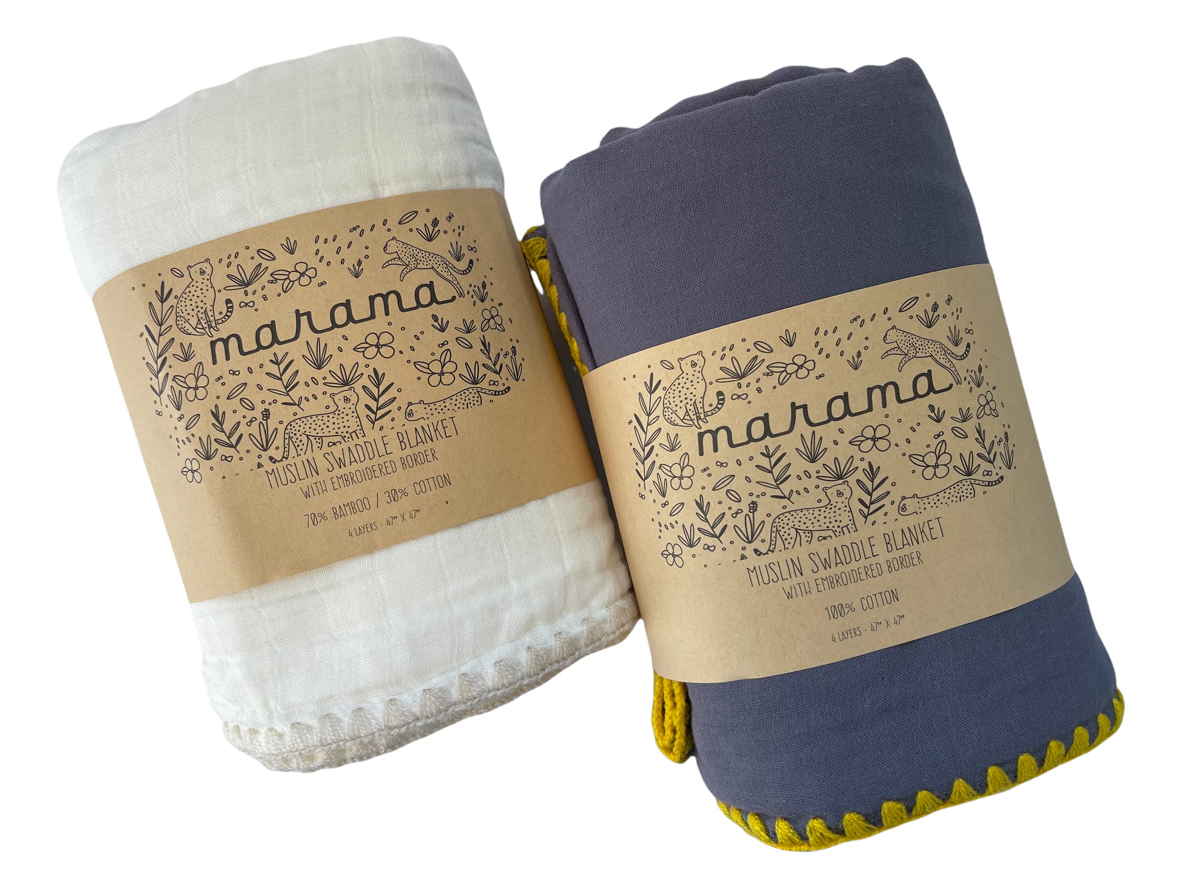 Marama - Embroidered Muslin Swaddle Blanket Quilt 4 Layers Very Soft 100percent Cotton Oversized 47''x47'' Oeko Tex Certified Fabric Boy or Girl Neutral Newborn / Toddler Small Kid, Gray