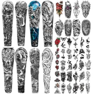 46 sheets lion wolf full arm temporary tattoo for women or men rose flower snake half arm temporary tattoos for girls boys long lasting bird angel fake tattoo for kids