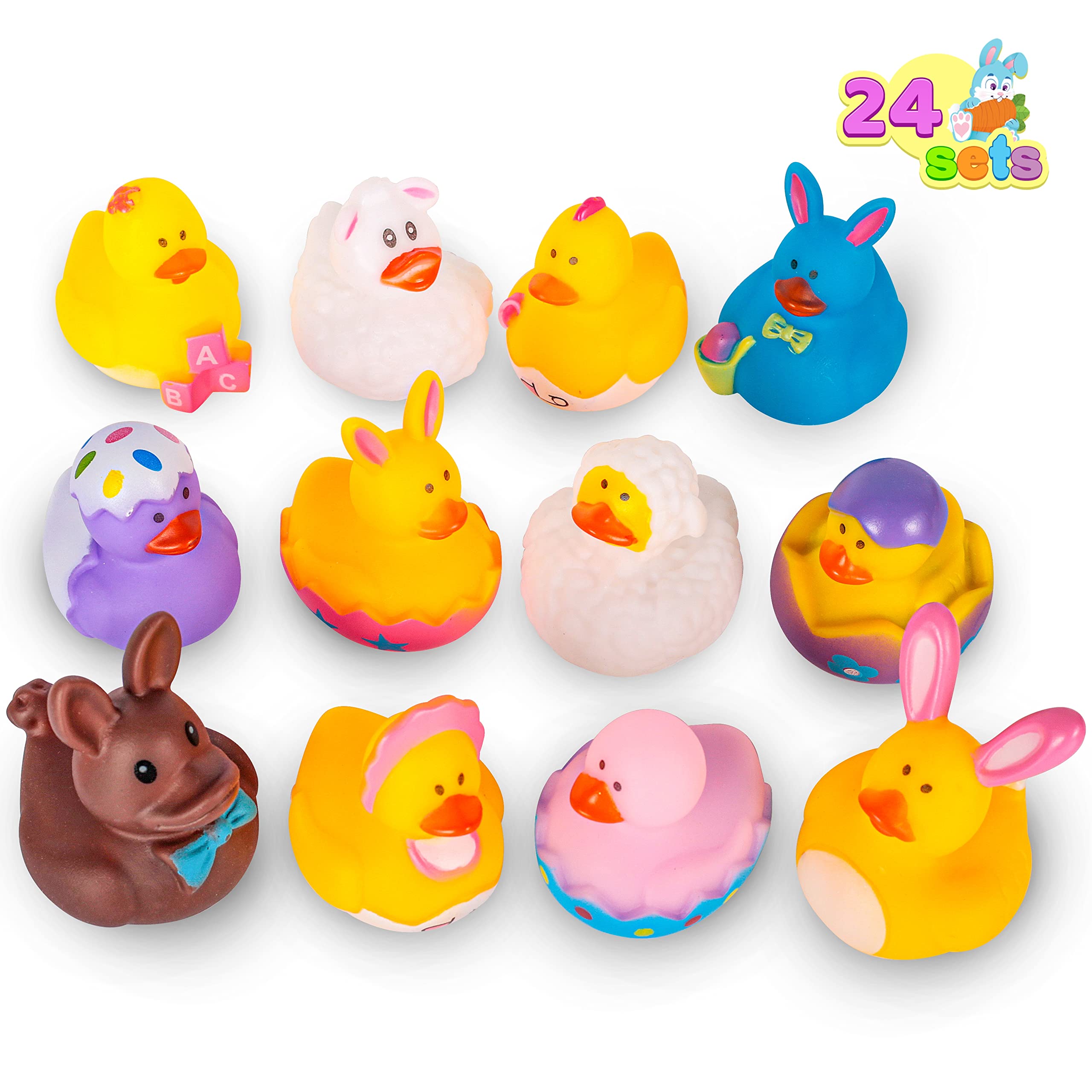 JOYIN 24pcs Easter Rubber Duckies Toys, Novelty Funny Squeeze Ducks for Easter Egg Hunt, Kids Bath Toys, Easter Basket Stuffing, Party Favor