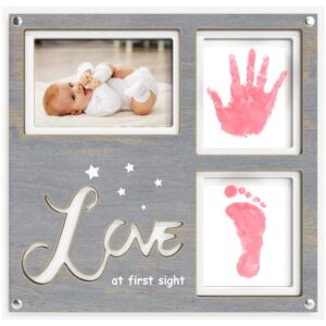 1dino premium baby handprint and footprint kit - 12.6” x 12.2" white/grey wood picture frame - includes 2x clean touch ink pad pink for baby hand and footprints - registry for baby, baby shower gifts