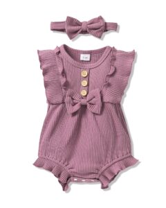 yallet newborn baby girls clothes 0-18m infant girl outfits cute little girl jumpsuit button solid color romper + headband