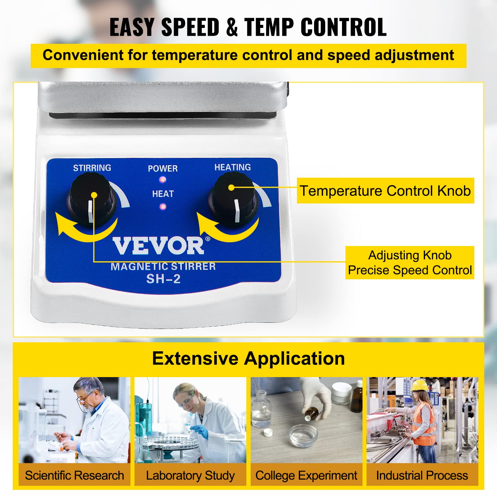 VEVOR SH-2 Magnetic Stirrer, 0-2000 RPM, 1000ml Mixing Capacity Laboratory Magnetic Stirrer Hotplate w/Stand, 180W Heating Power ＆ 380°C Max Heating Temperature, for Lab Liquid Mixing Heating