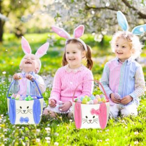 Atonofun 2 Packs Easter Basket Set, Easter Bunny Basket Gift Baskets Bags for Kids, Canvas Tote Bags Bunny Easter Bucket for Easter Eggs Hunt, Kids Easter Party Favor (Blue, Pink)