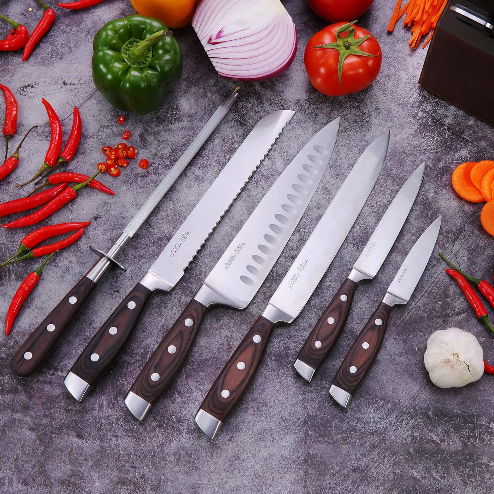 Grifucher Premium 8 Piece German High Carbon Stainless Steel Kitchen Knives Set with Rubber Wood Block, Professional Double Forged Full Tang Chef