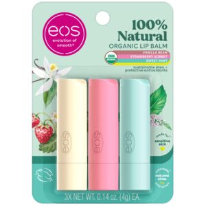 eos 100% natural & organic lip balm trio- vanilla bean, sweet mint, & strawberry sorbet, made for sensitive skin, lip care products, 0.14 oz, 3-pack