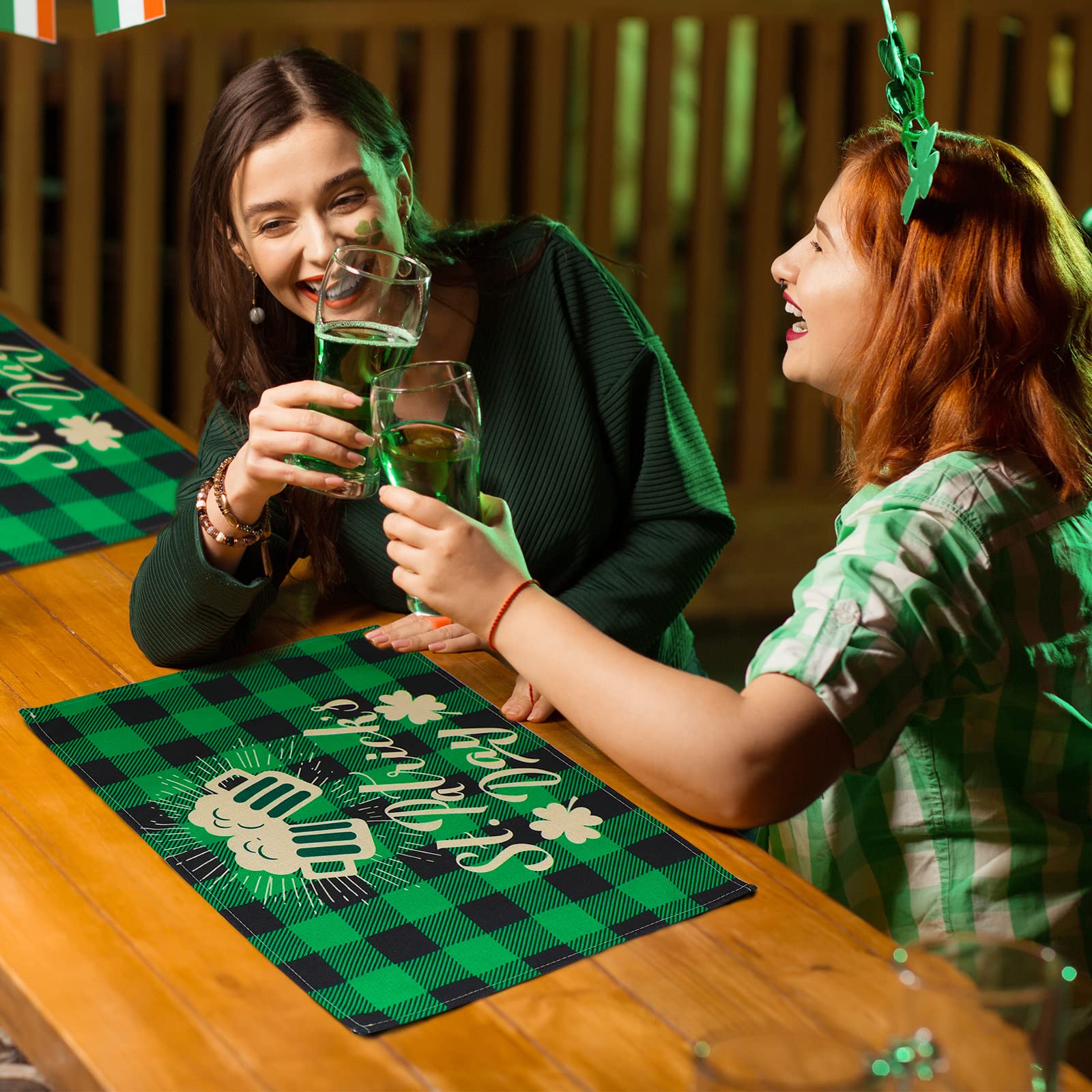 St. Patrick's Day Placemat Buffalo Plaid Place Mats for Dining Table Shamrock Clover Truck Lucky Blessed Charm Holiday Rustic Washable Table Mat for St. Patrick's Day Party Home Decorations Supplies