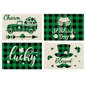 st. patrick's day placemat buffalo plaid place mats for dining table shamrock clover truck lucky blessed charm holiday rustic washable table mat for st. patrick's day party home decorations supplies