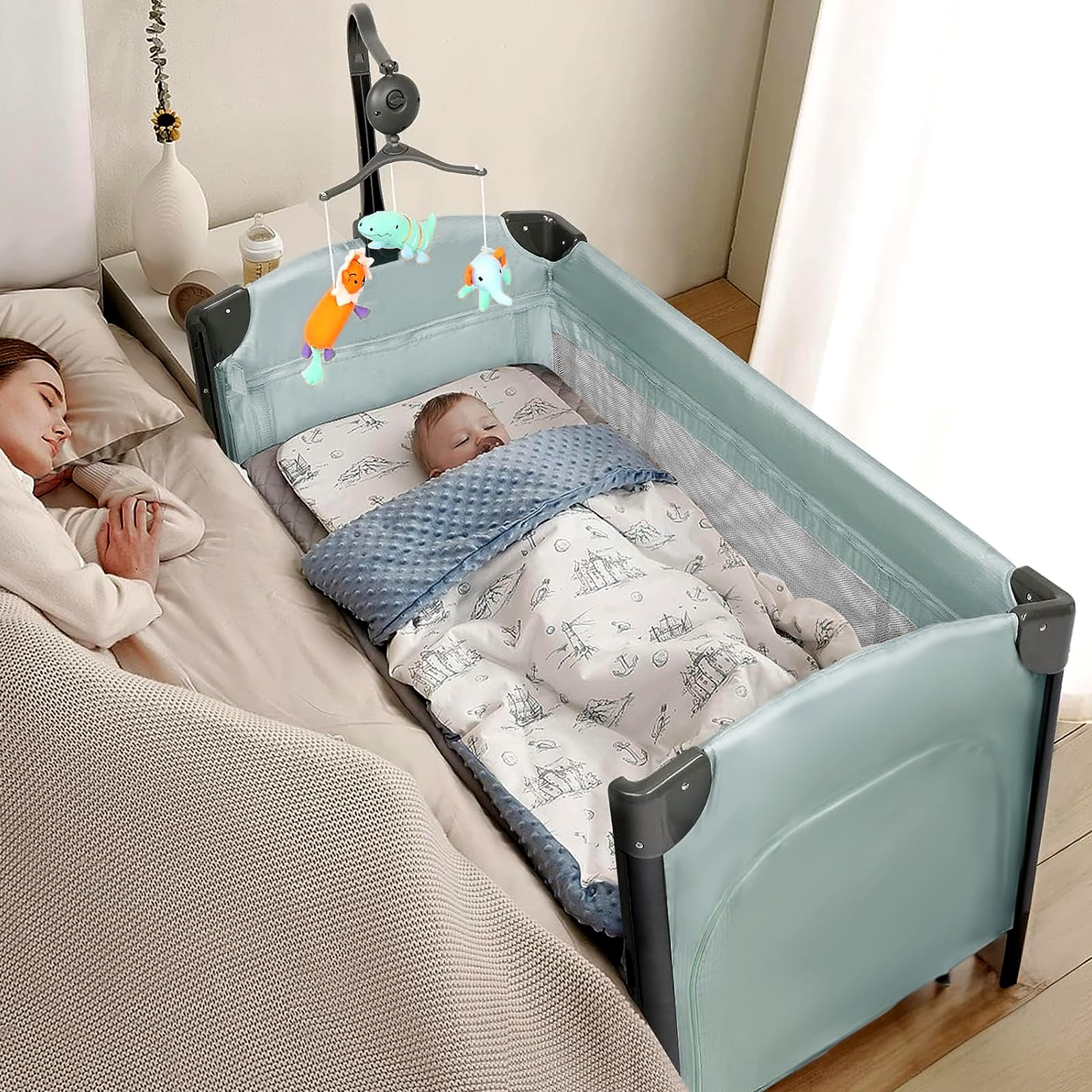 JOYMOR 3 in 1 Baby Bedside Bassinet, Bedside Sleeper with Mattress and Sheet, Convert to Bassinet, Playpen, Foldable Travel Bassinet Bed, with Toy, Wheels, Brake, Carry Bag