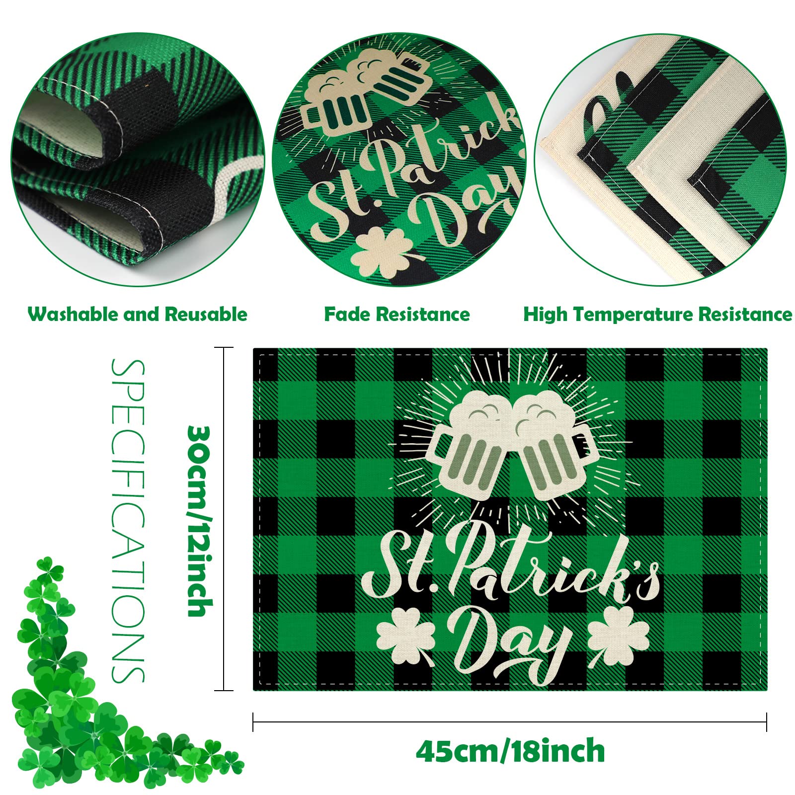 St. Patrick's Day Placemat Buffalo Plaid Place Mats for Dining Table Shamrock Clover Truck Lucky Blessed Charm Holiday Rustic Washable Table Mat for St. Patrick's Day Party Home Decorations Supplies