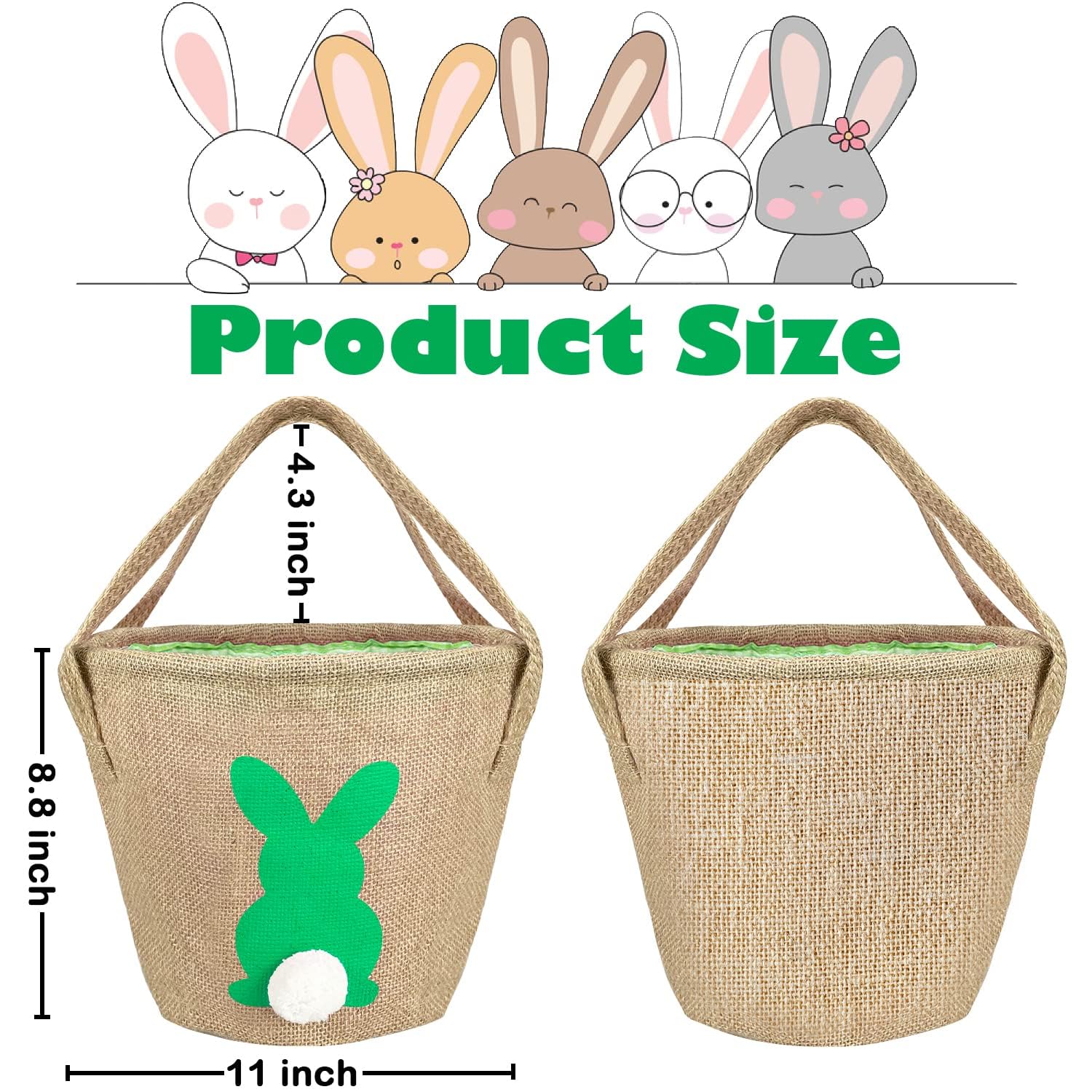 Leesgel Easter Baskets for Kids, Bunny Basket Easter Egg Hunt Baskets, Rabbit Buckets Large Easter Basket Gifts Bags for Boys Girls （Green)