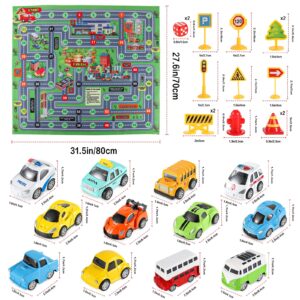 Mathea Car Toys for 1-Year-Old Boy (with Carpet) Pull Back Vehicle Car Set Metal Die-cast Friction Powered Cars Birthday Gift for 1 2 3 Year-Old Boys Girls