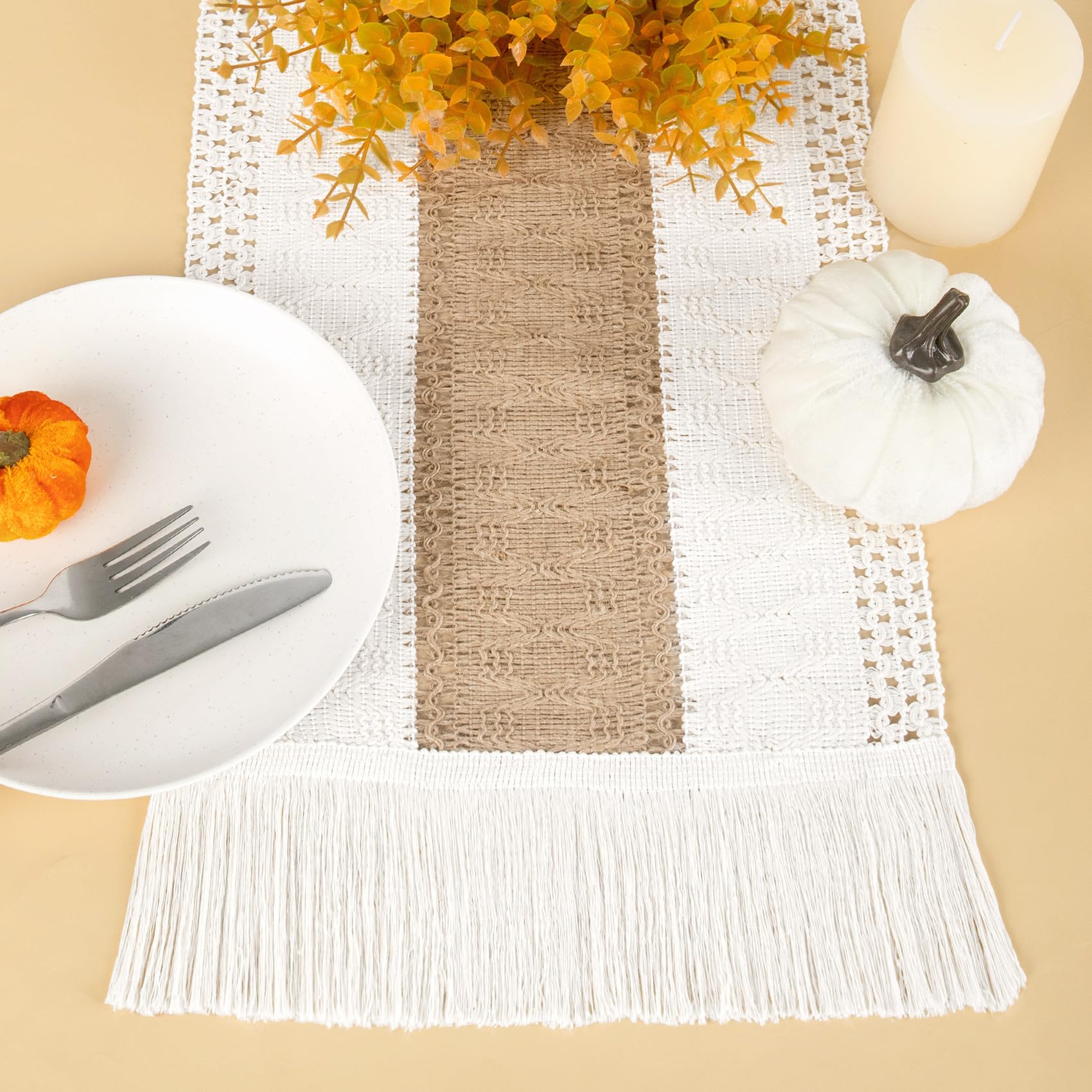 Boho Table Runner, 72 Inch Macrame Boho Fall Decor Table Runner, Natural Farmhouse Burlap Table Runners for Home Thanksgiving Fall Table Decorations